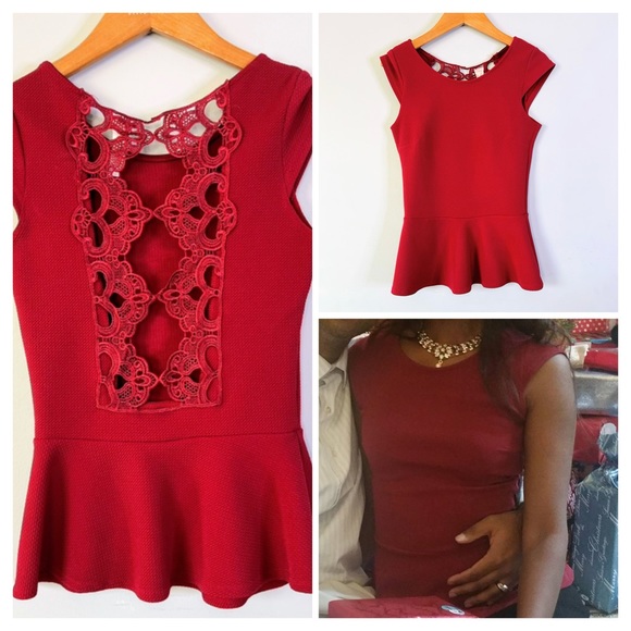 Tops | Burgundy Red Textured Cap Sleeve Embroidered Lace Back Panel ...